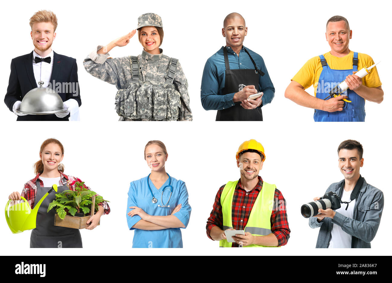 Collage with people of different professions on white background Stock ...