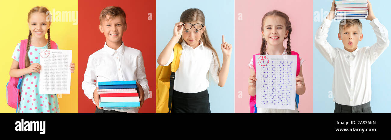 Collage with little children on color background Stock Photo - Alamy