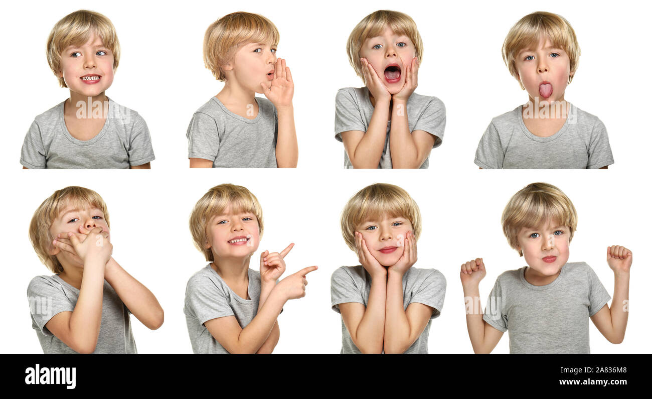 Little boy with different emotions on white background Stock Photo - Alamy