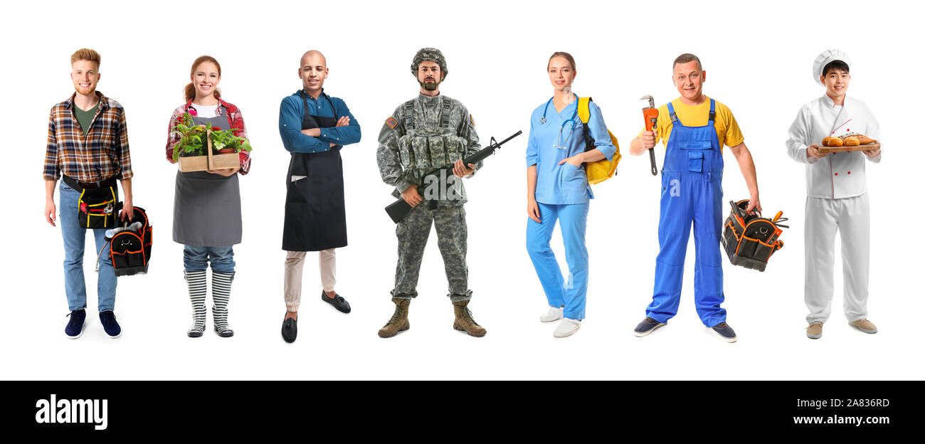 Collage with people of different professions on white background Stock ...