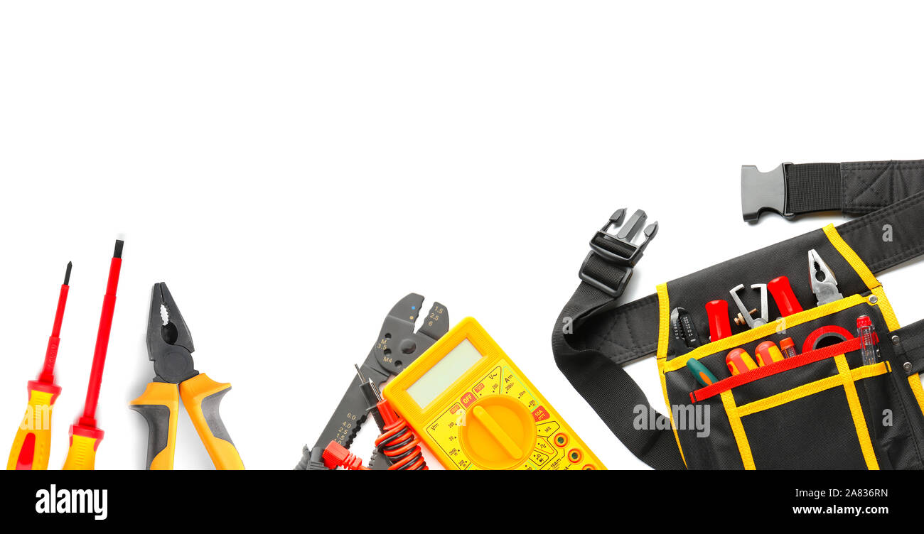 Set of electrician's supplies on white background Stock Photo - Alamy