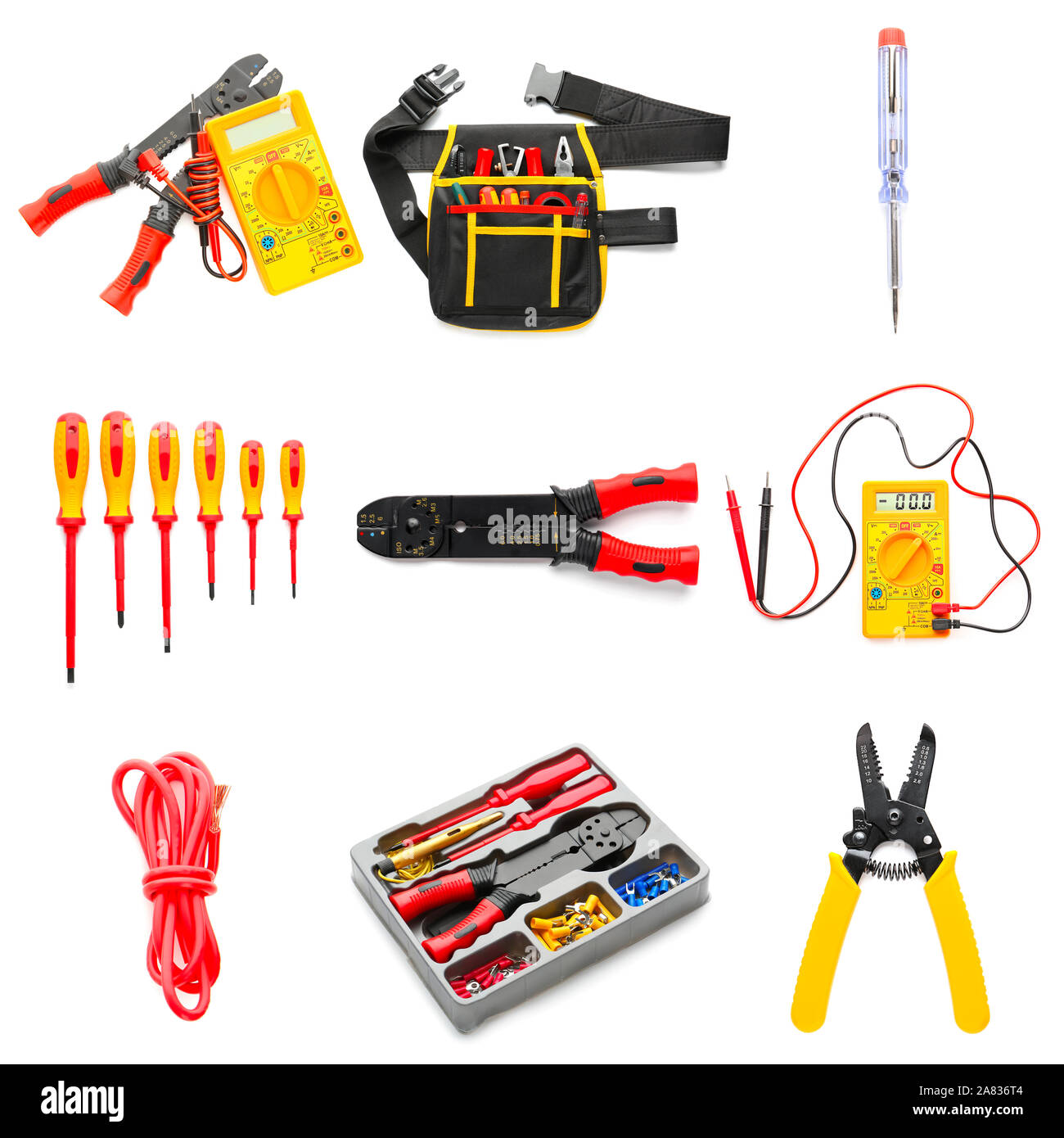 Set of electrician's supplies on white background Stock Photo - Alamy
