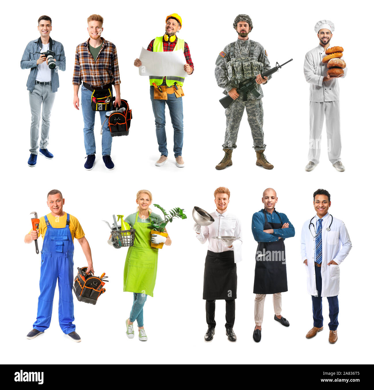 Collage with people of different professions on white background Stock ...