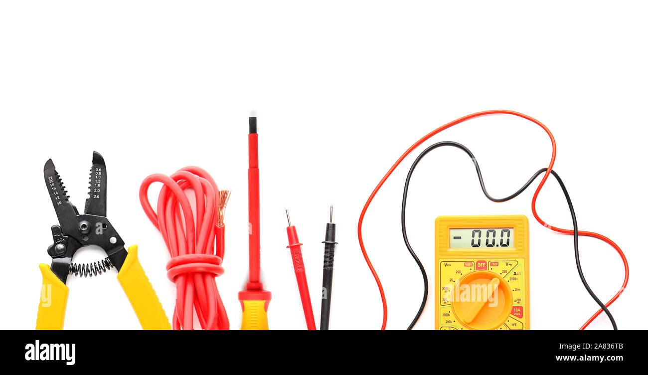 Set of electrician's supplies on white background Stock Photo - Alamy