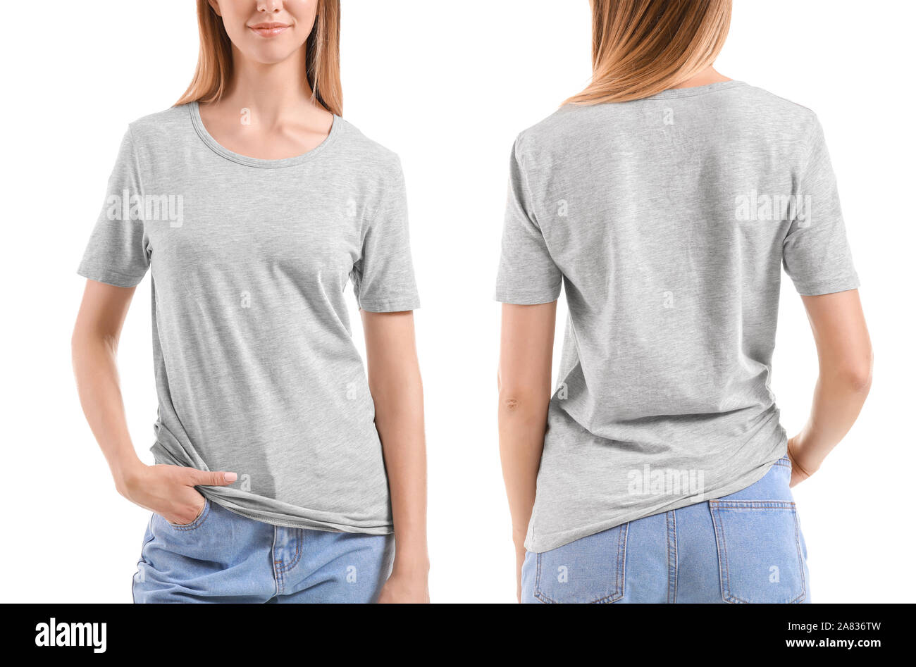 Woman in stylish t-shirt on white background. Front and back view Stock ...