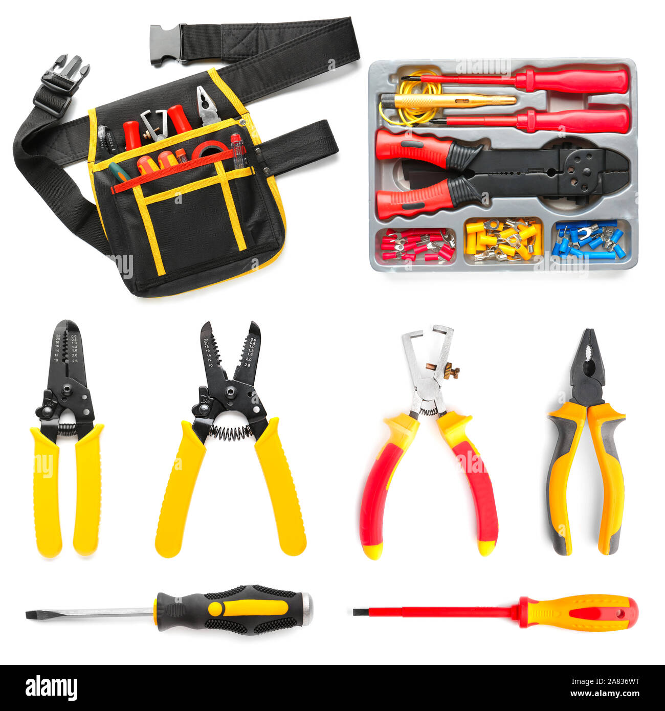 Set of electrician's supplies on white background Stock Photo - Alamy