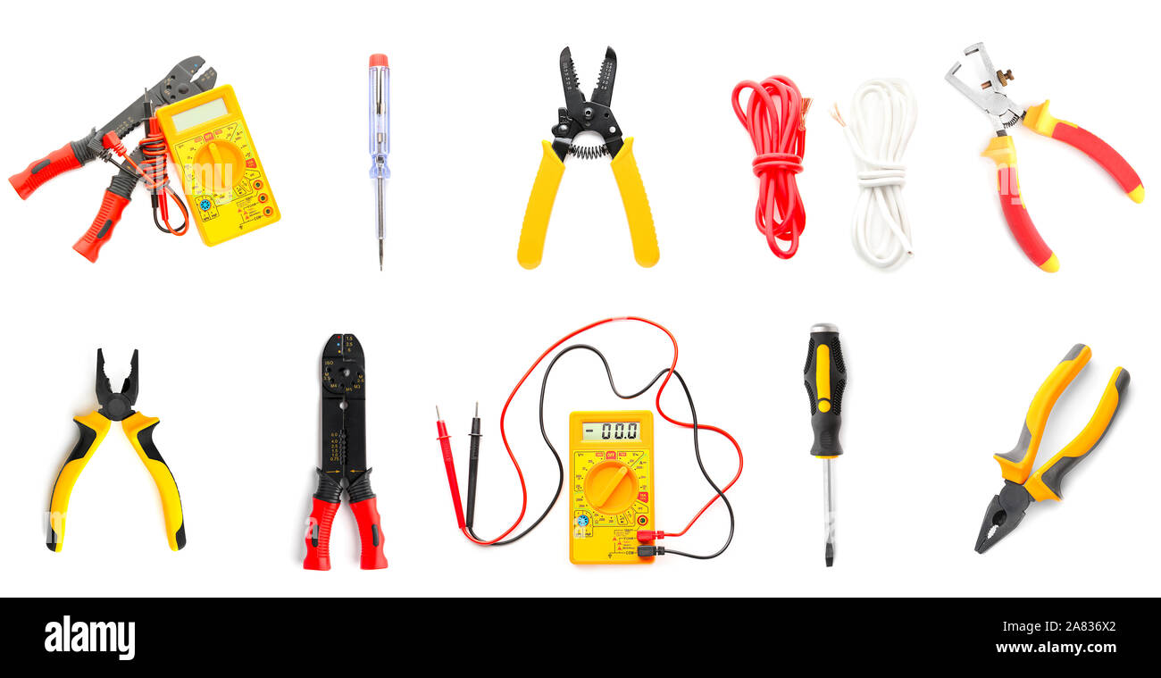 Set of electrician's supplies on white background Stock Photo - Alamy