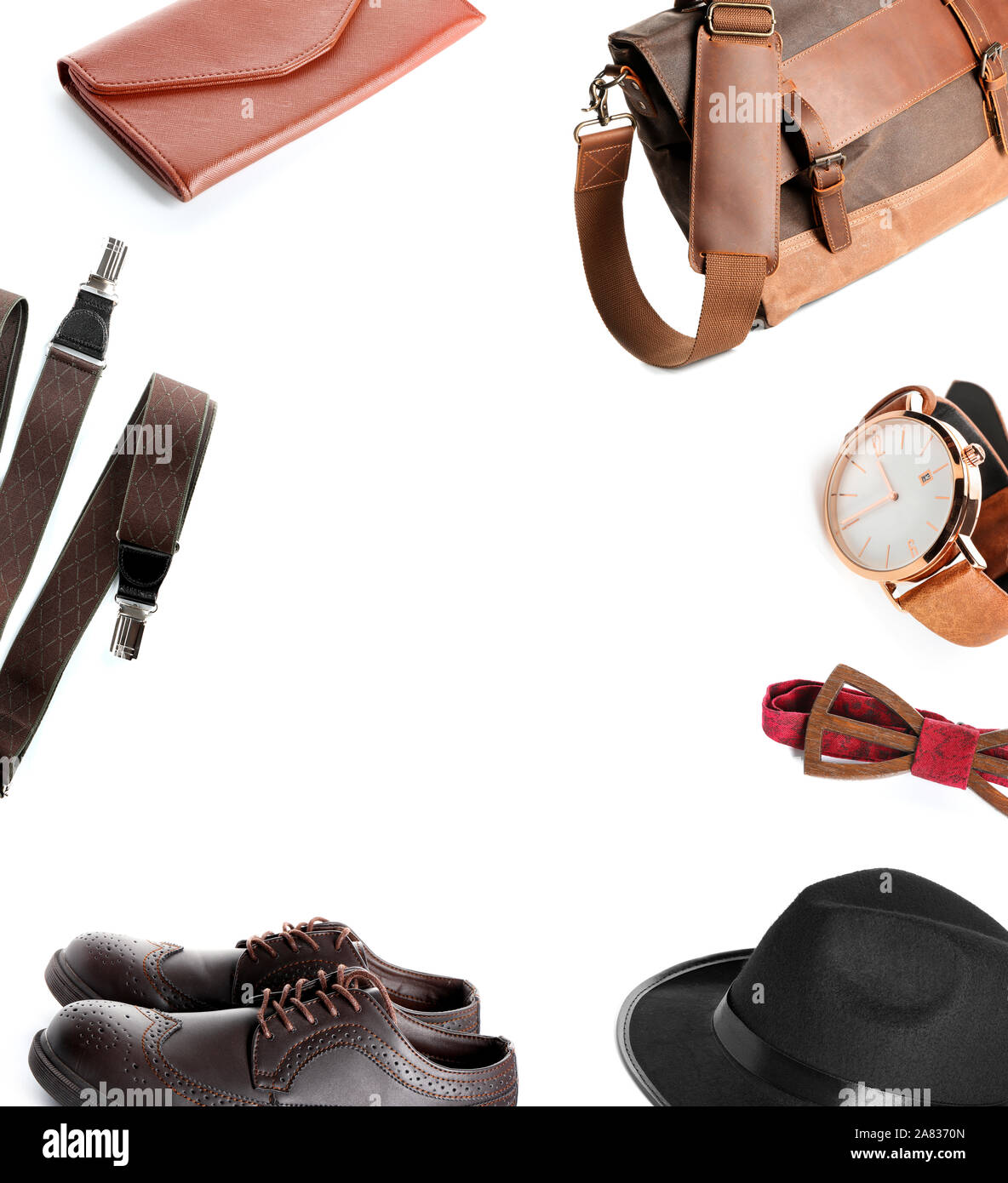 Set of male accessories on white background Stock Photo - Alamy