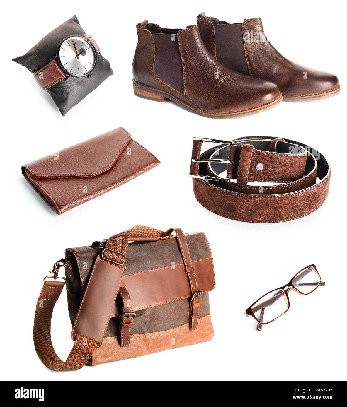 Set of male accessories on white background Stock Photo - Alamy