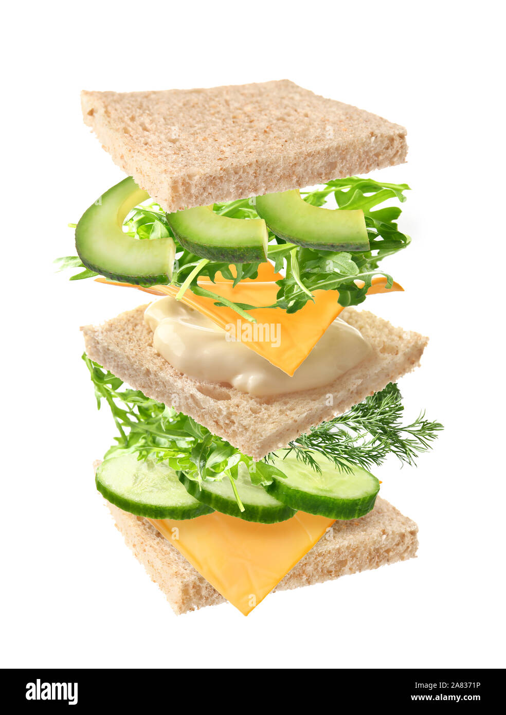 Tasty sandwich with flying ingredients on white background Stock Photo ...