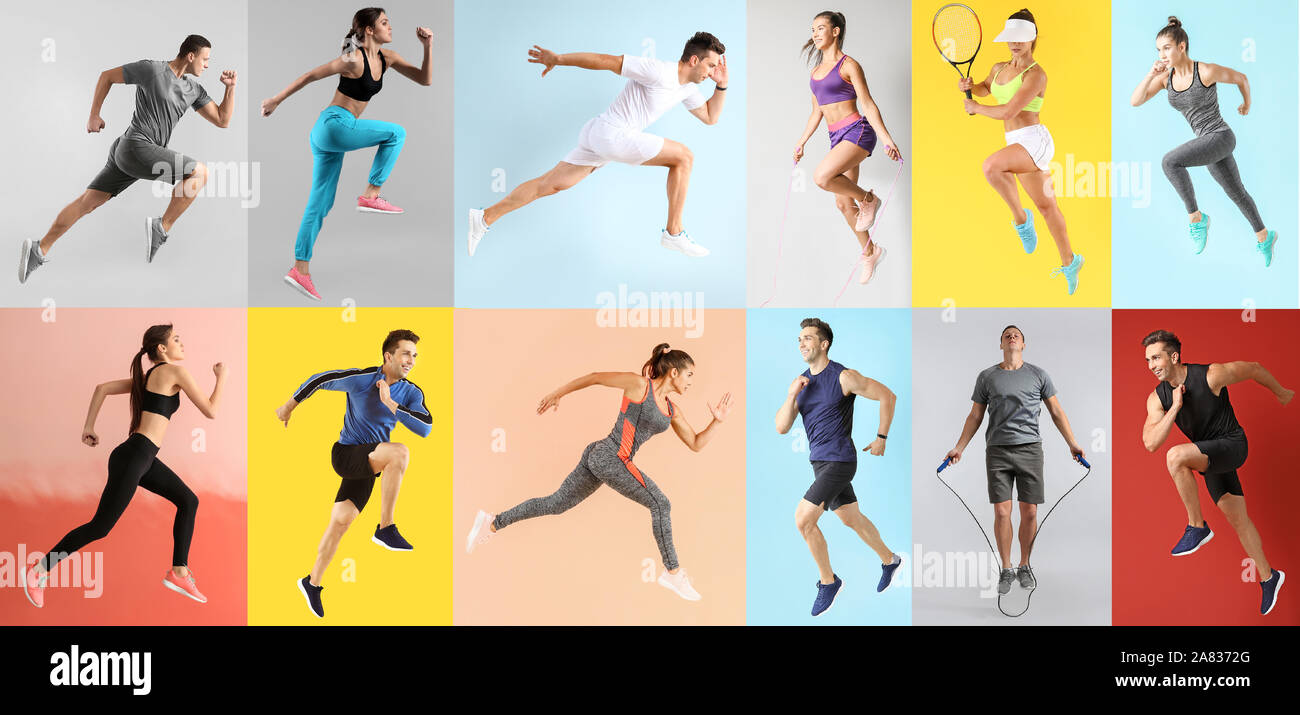 Collage with young sporty people Stock Photo - Alamy