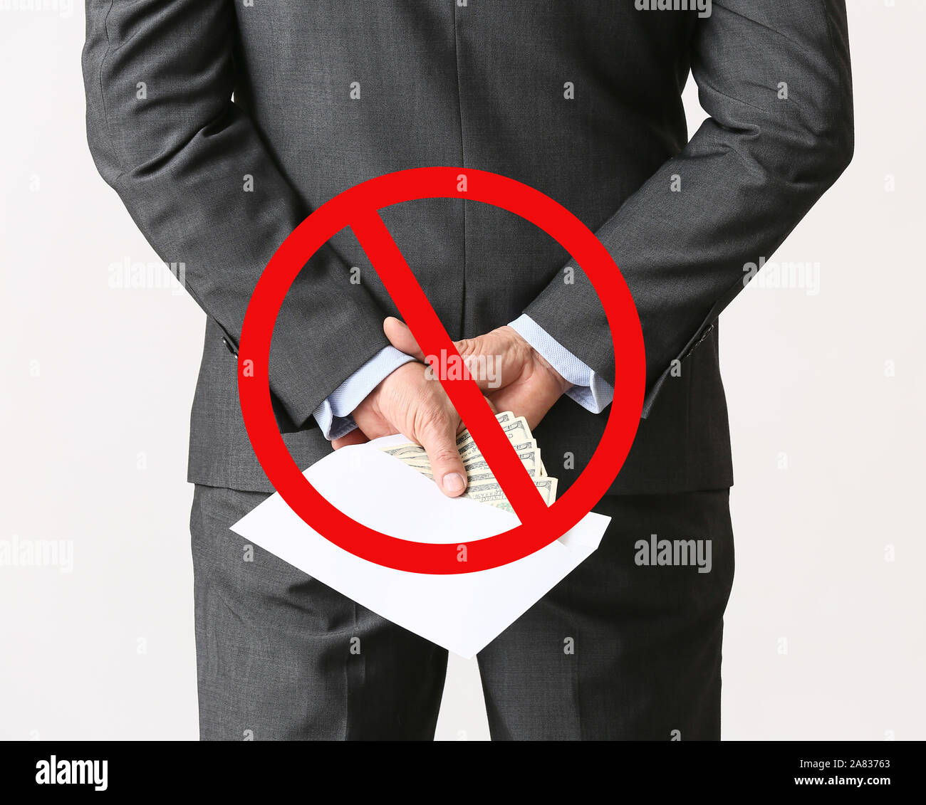 Stop sign and businessman with bribe against light background Stock ...