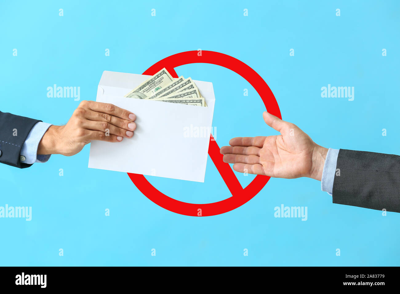 Stop sign and businessman taking bribe against color background Stock ...
