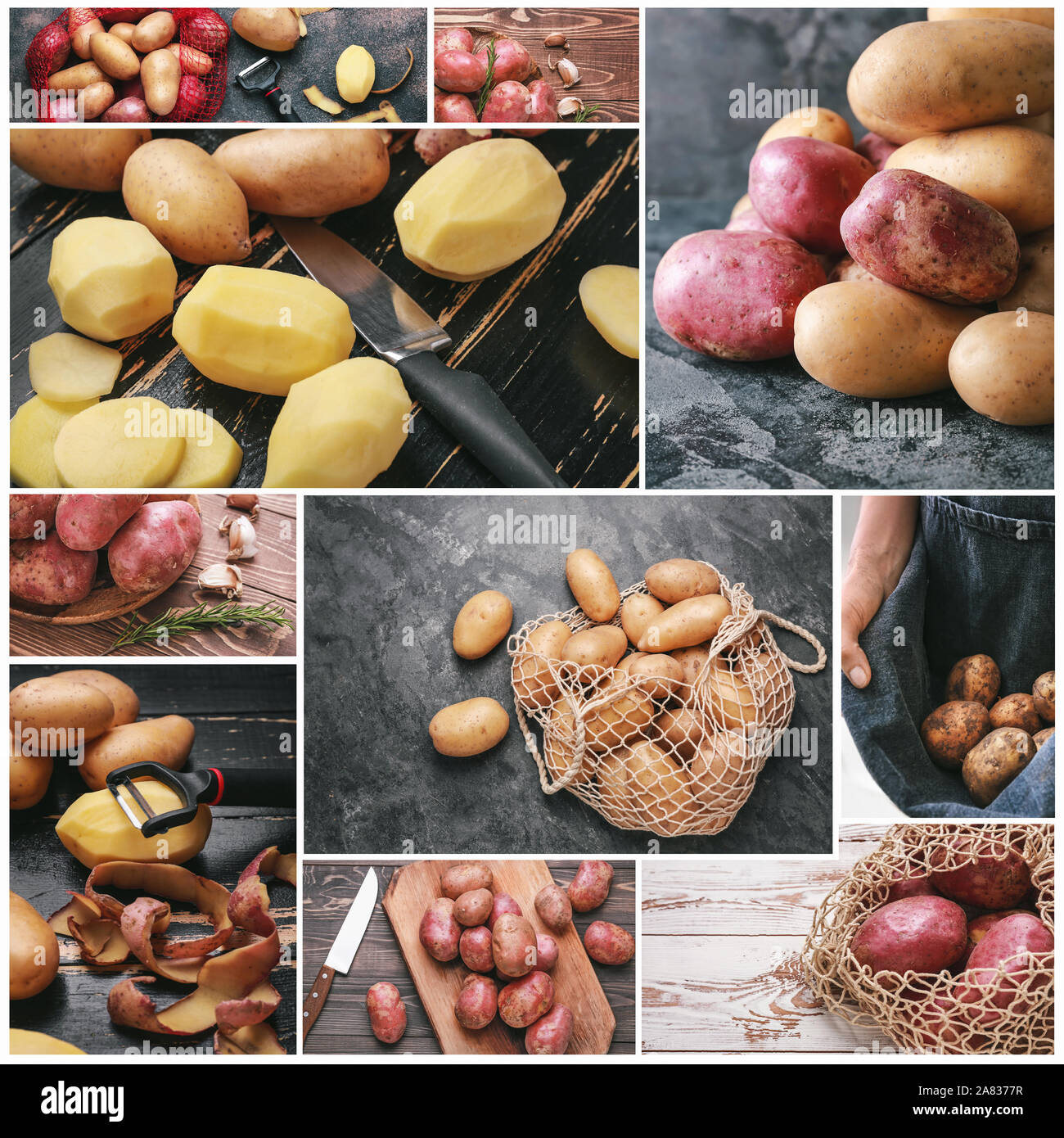 Collage of photos with raw potatoes Stock Photo - Alamy