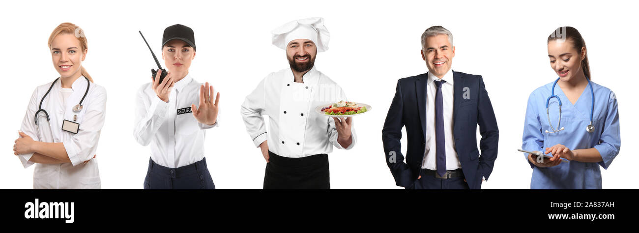 Collage with people of different professions on white background Stock ...