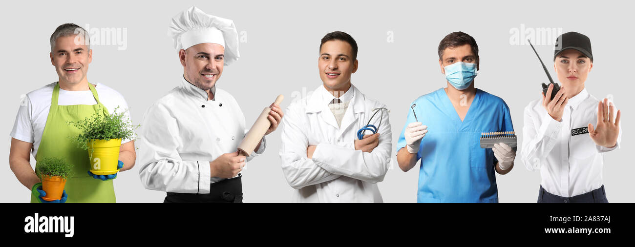 Collage with people of different professions on grey background Stock ...
