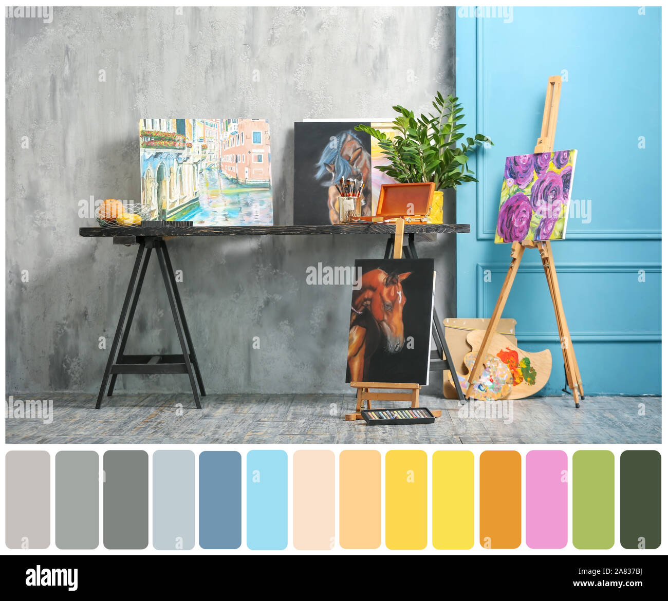 Beautiful pictures with artist's supplies in workshop. Different color ...