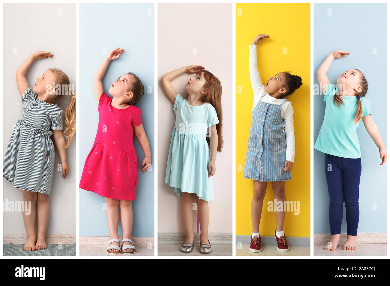 Collage of photos with little girls measuring height near walls Stock ...