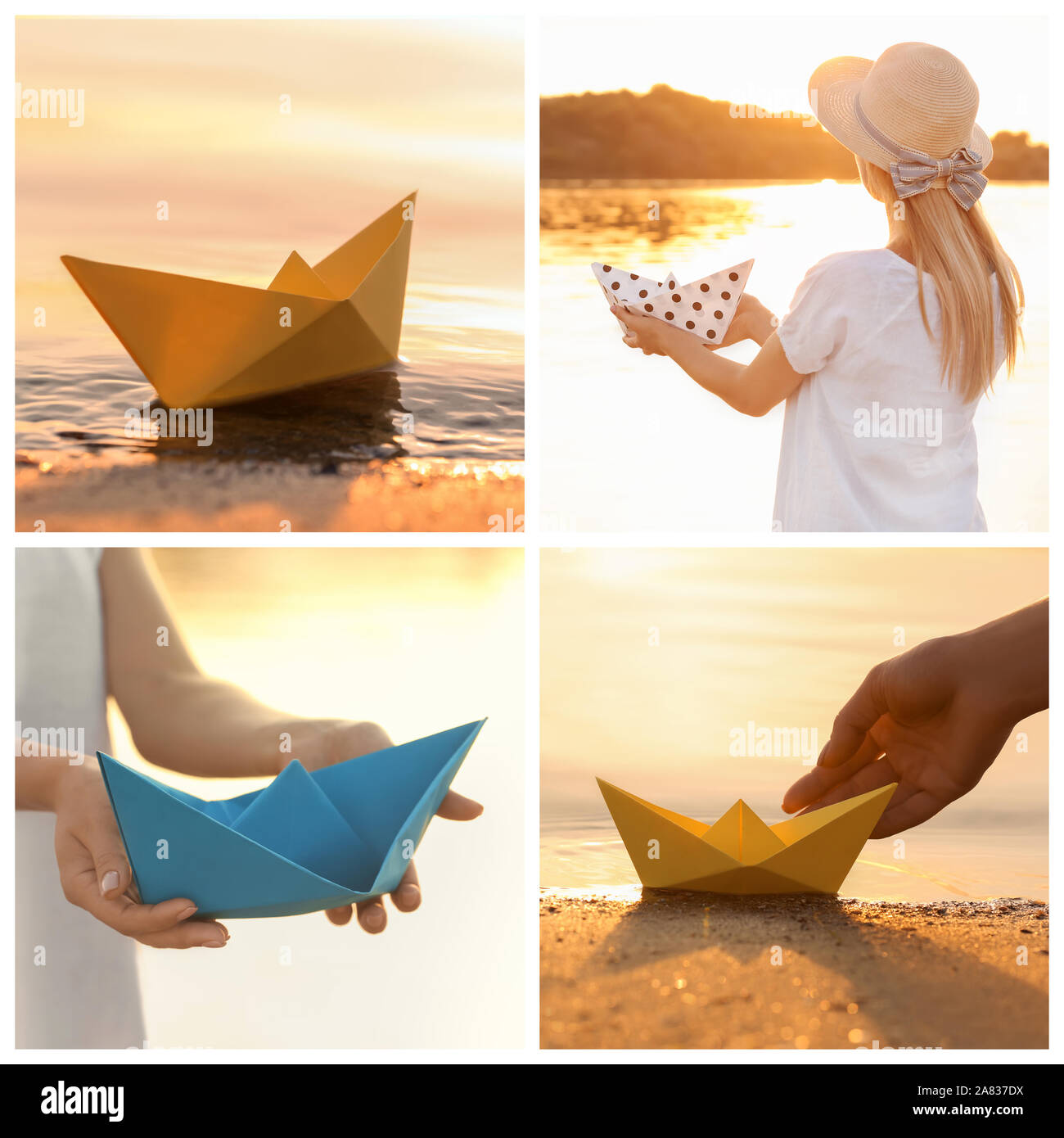 Set of photos with origami boats Stock Photo - Alamy