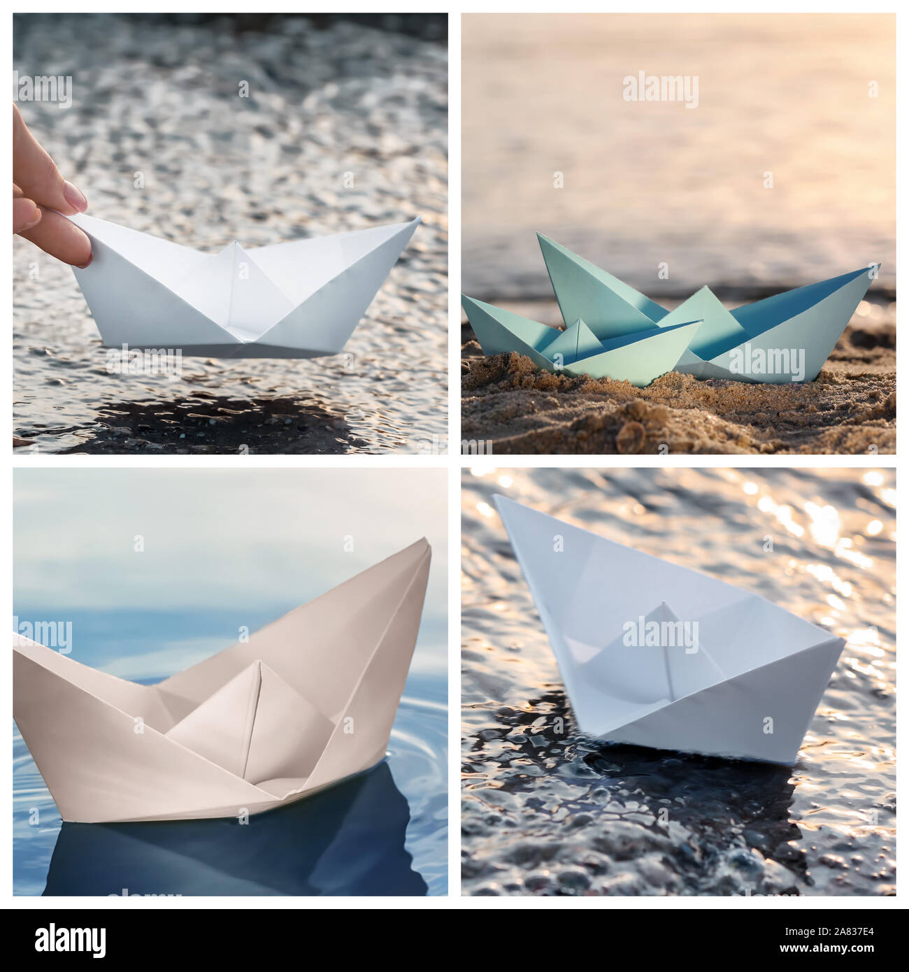 Set of photos with origami boats Stock Photo - Alamy