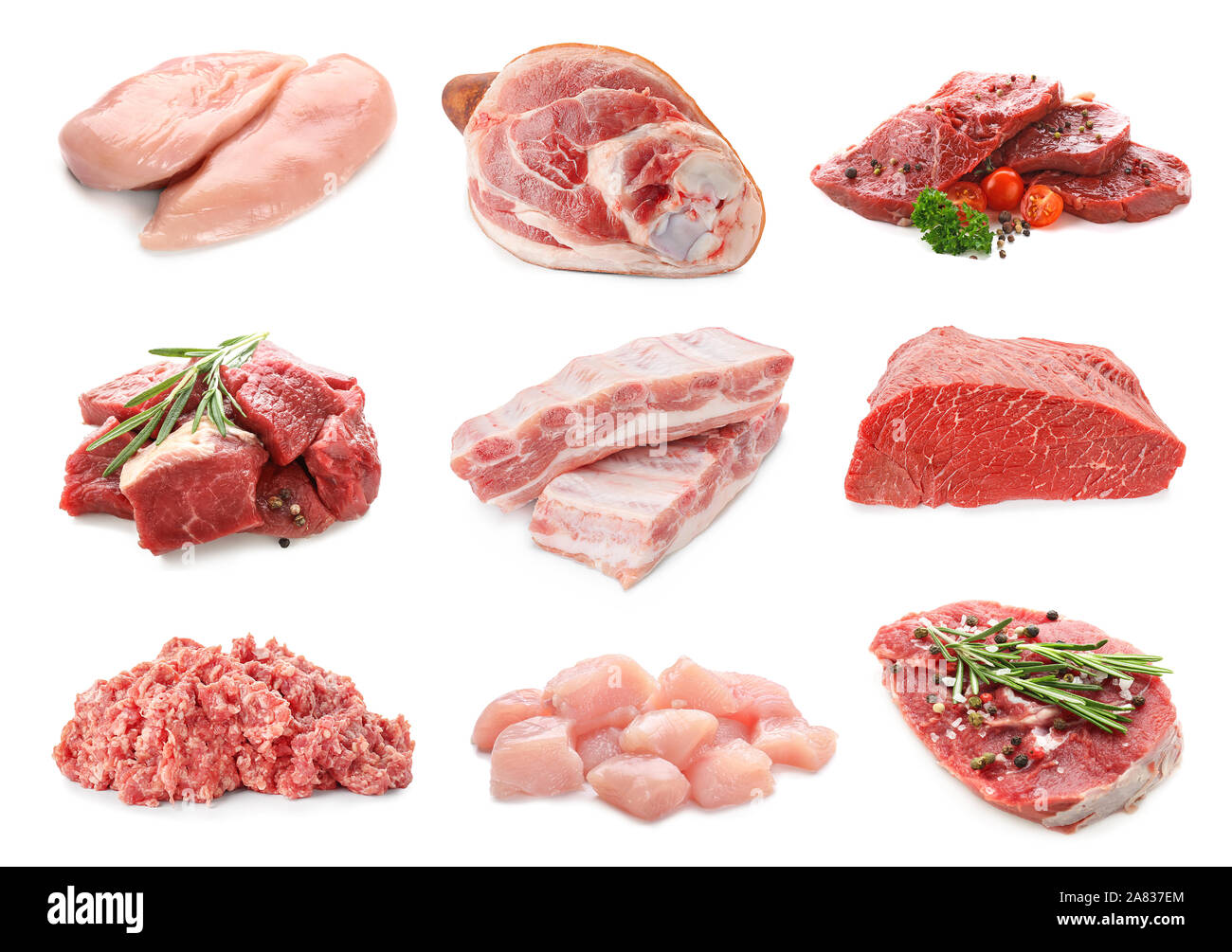 Set with different raw meat on white background Stock Photo - Alamy