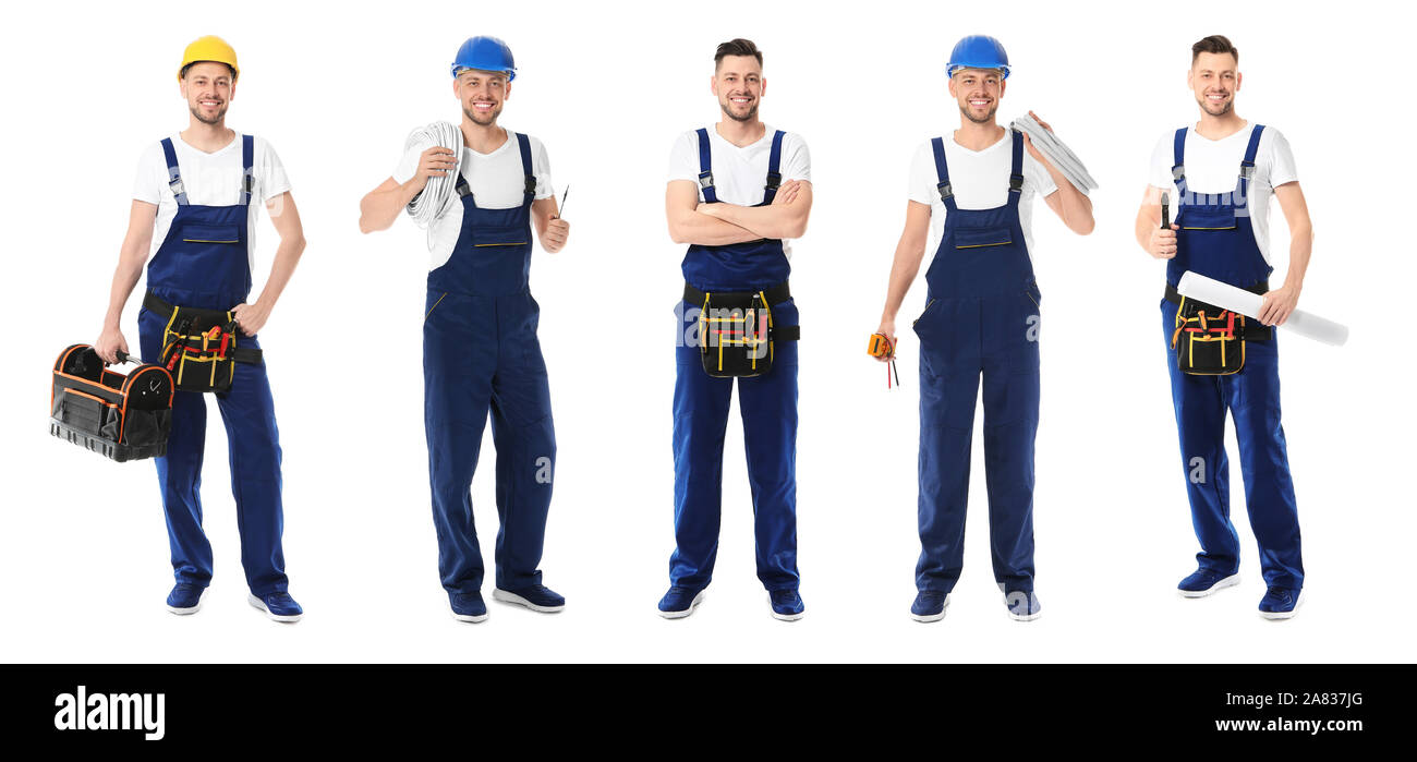 Collage with male electrician on white background Stock Photo - Alamy