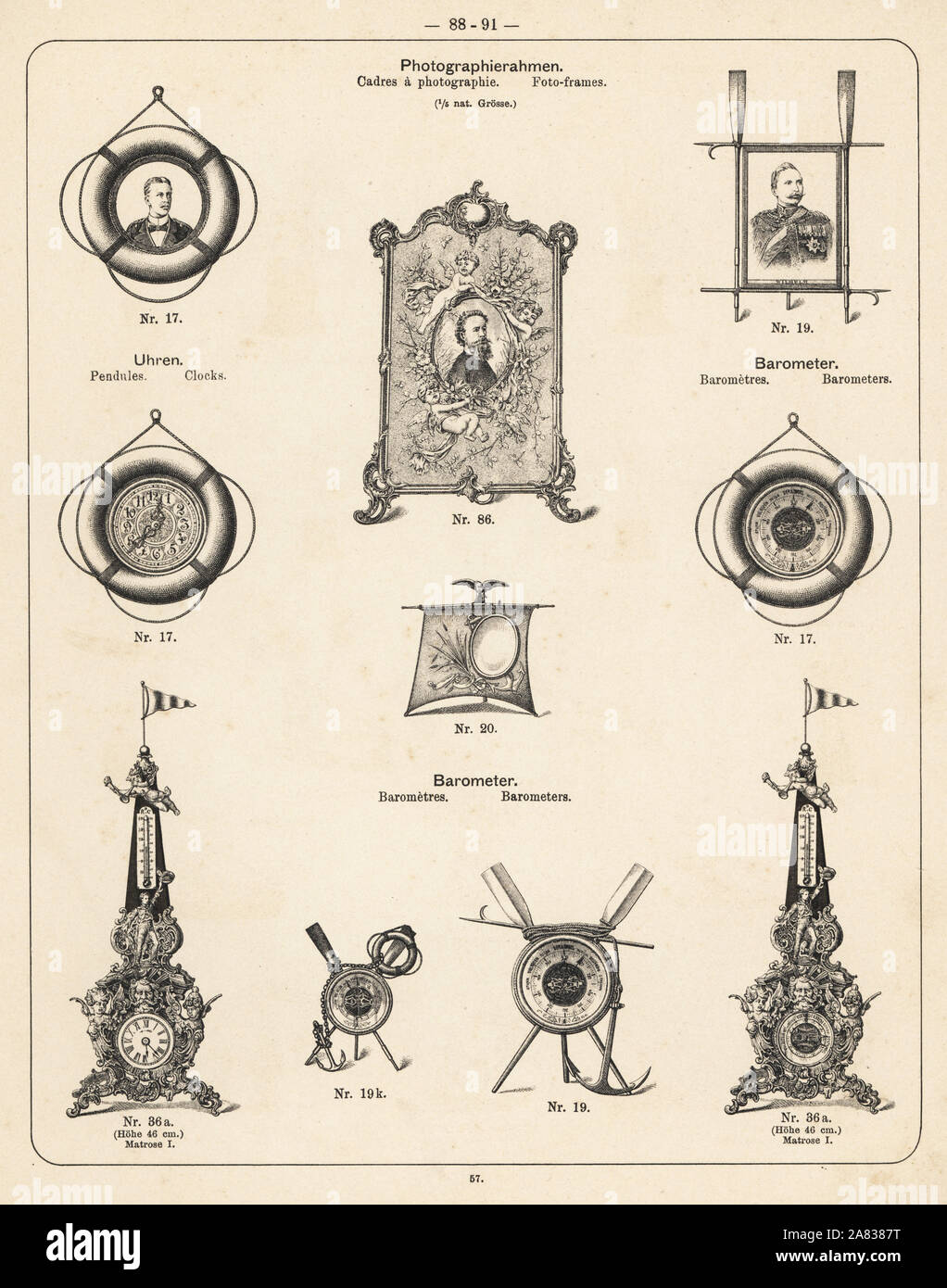 Photo frame, barometer and clock. Lithograph from a catalog of metal ...
