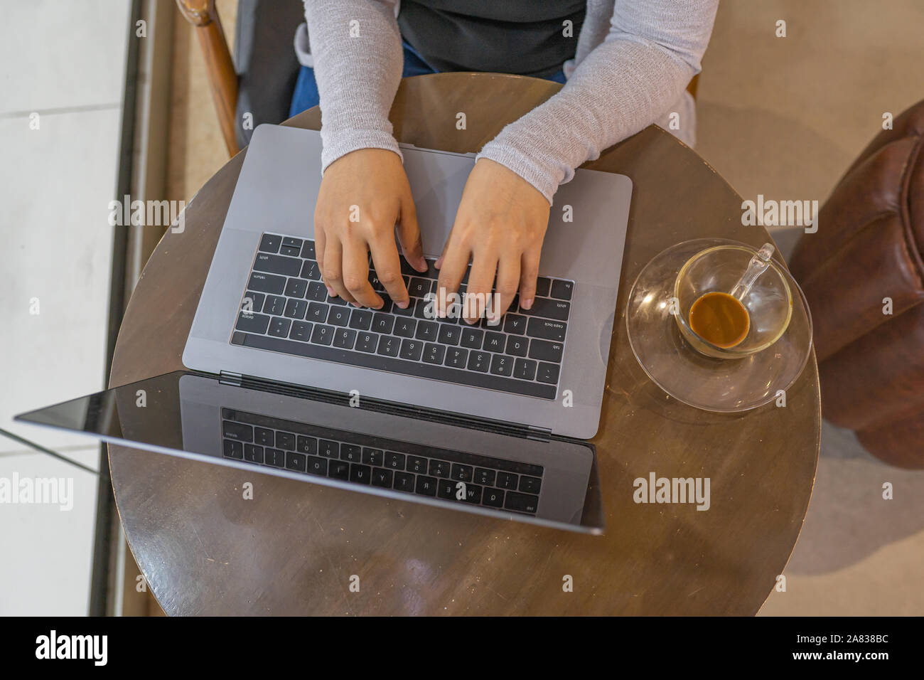 Overhead view photo of woman hand typing laptop keyboard Stock Photo ...