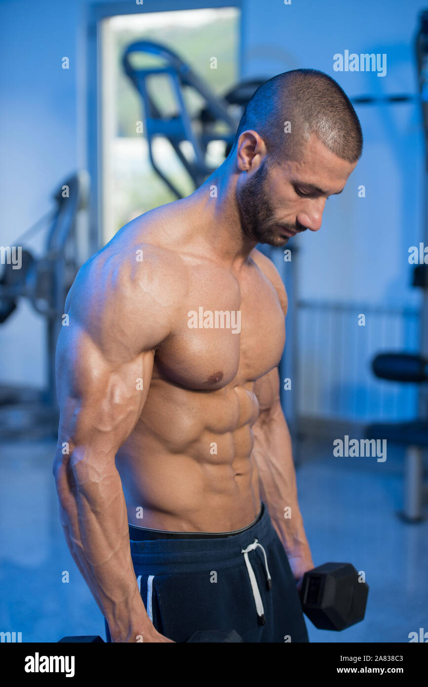 Athlete Working Out Biceps In A Gym - Dumbbell Concentration Curls ...
