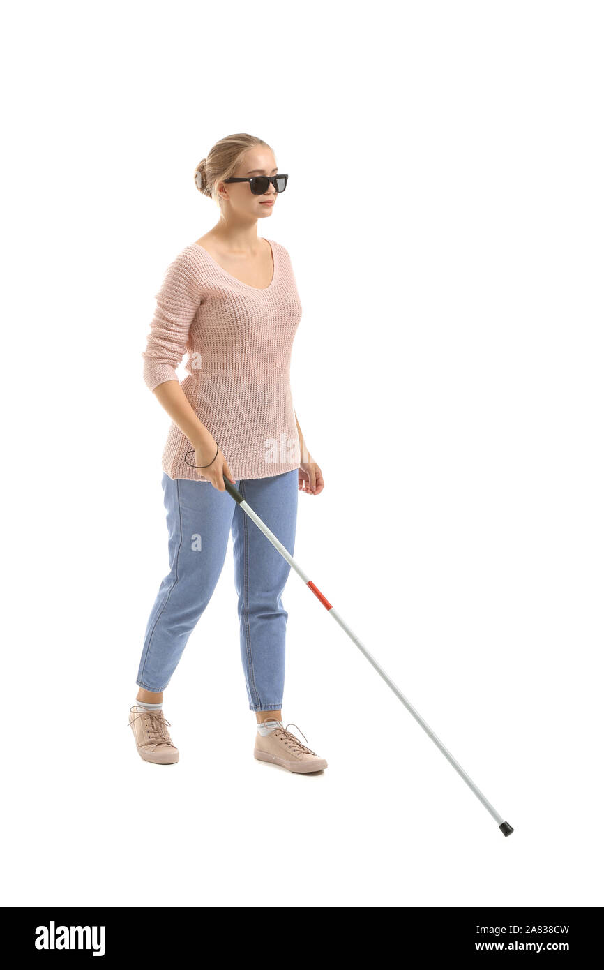 Young blind woman on white background Stock Photo - Alamy