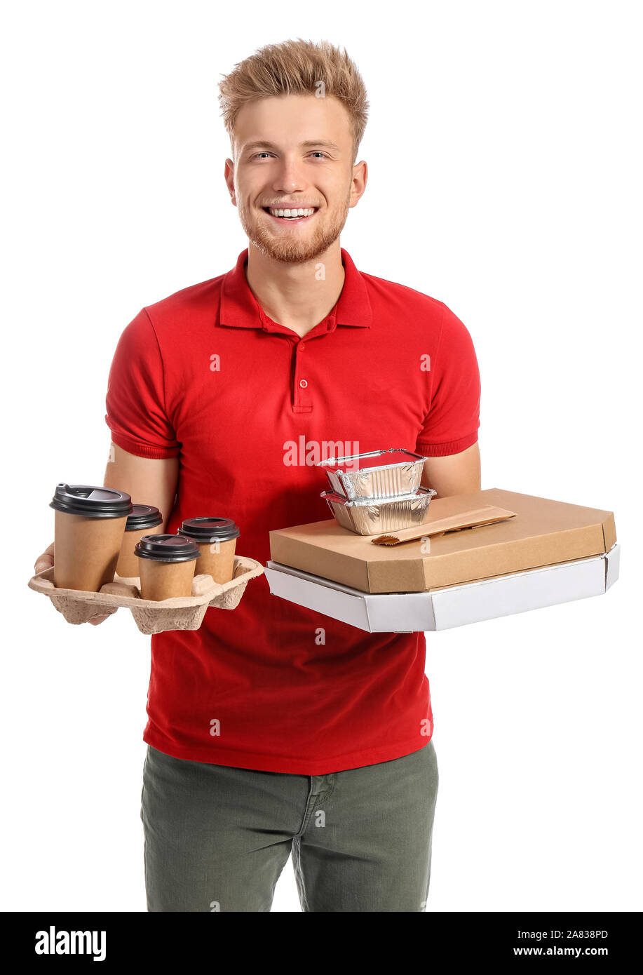 Handsome worker of food delivery service on white background Stock ...