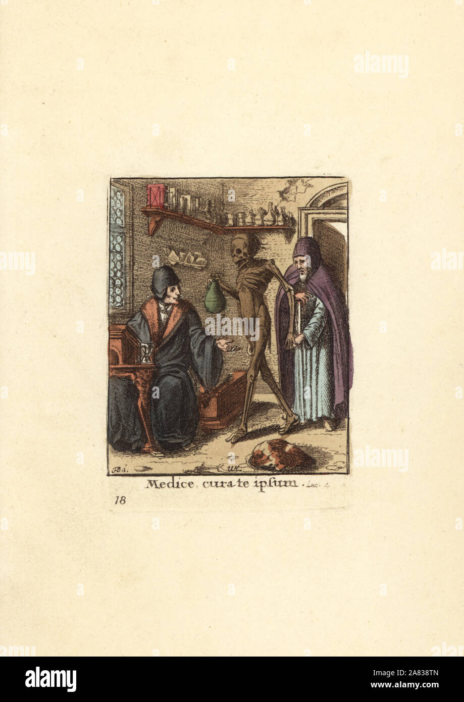 Skeleton of Death taunting a Physician to save a sick old man. A phial ...