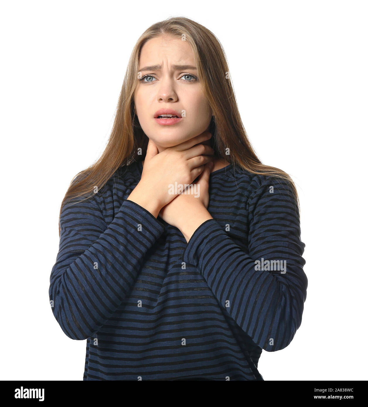 Woman having panic attack on white background Stock Photo - Alamy