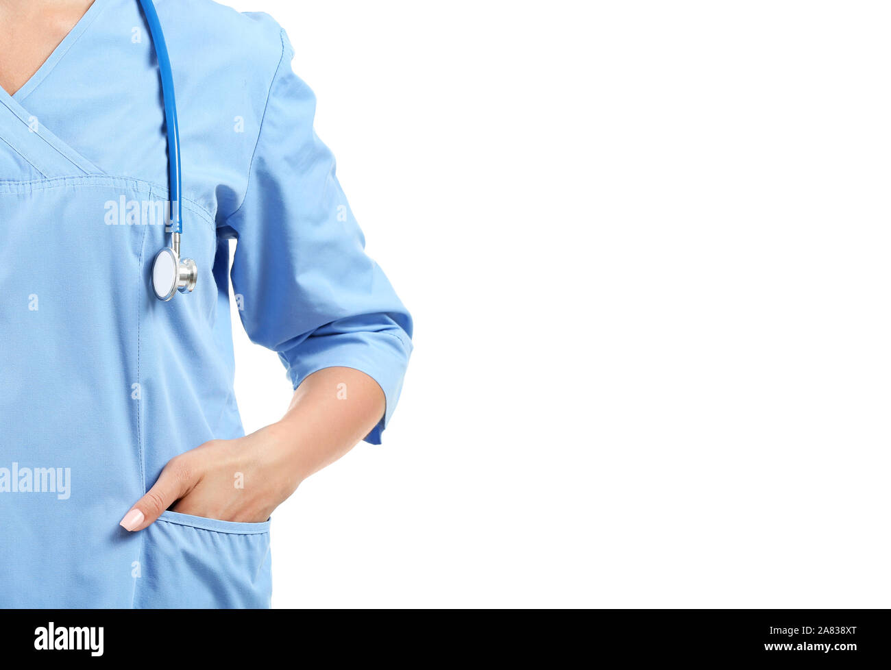 Female nurse with stethoscope on white background Stock Photo - Alamy