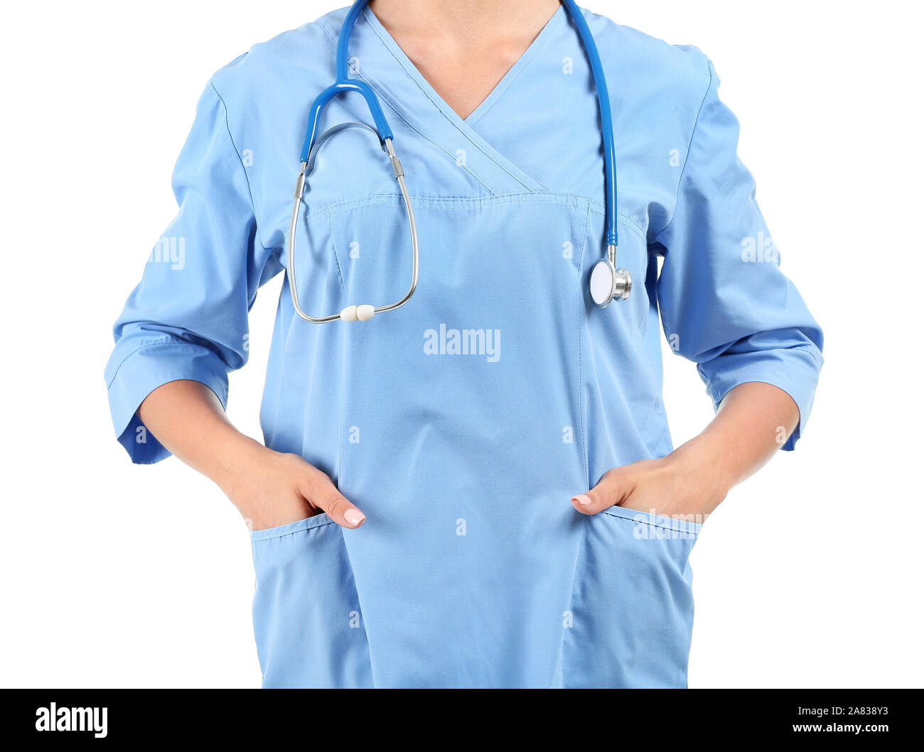 Female nurse with stethoscope on white background Stock Photo - Alamy