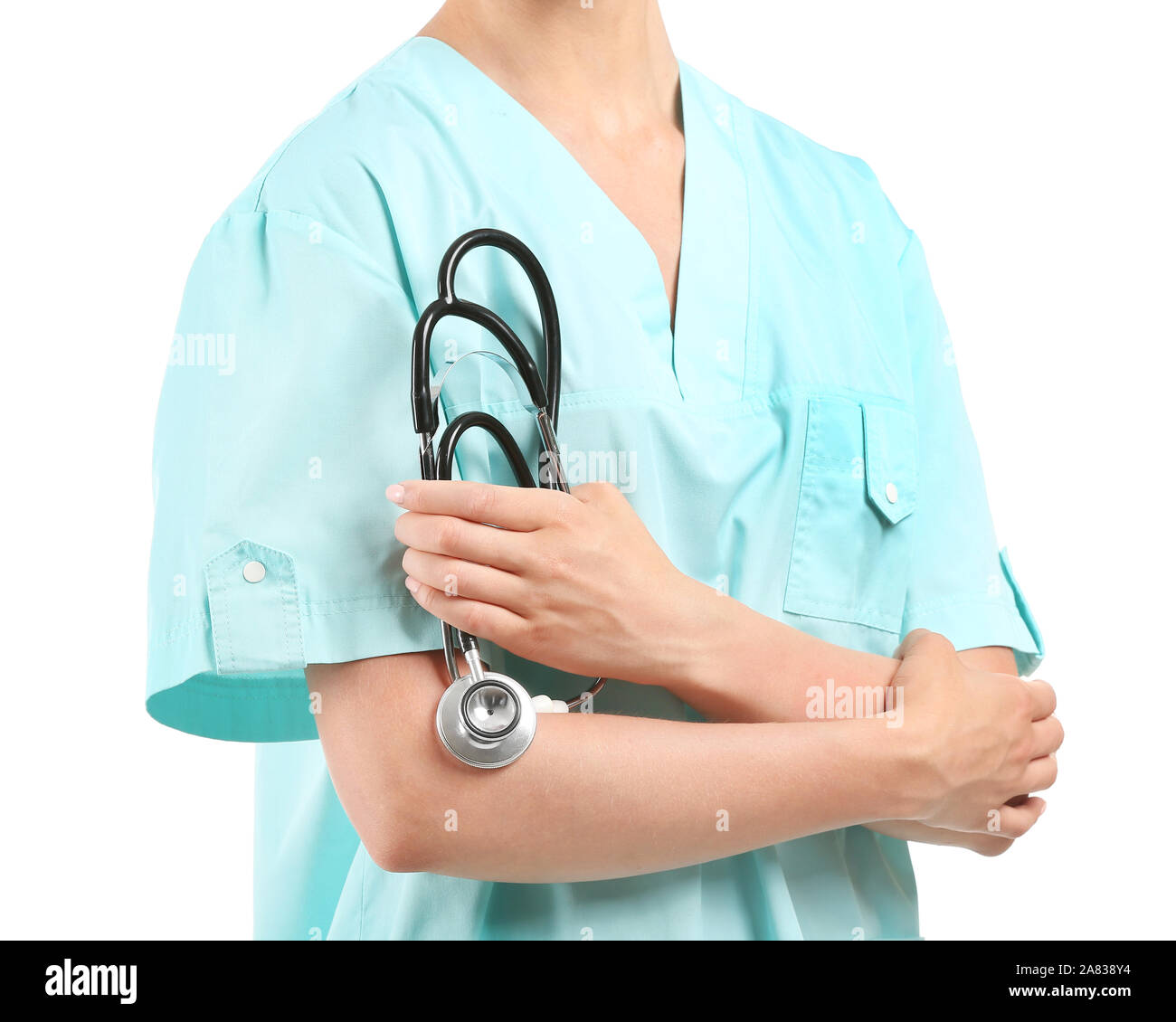 Female nurse with stethoscope on white background, closeup Stock Photo ...