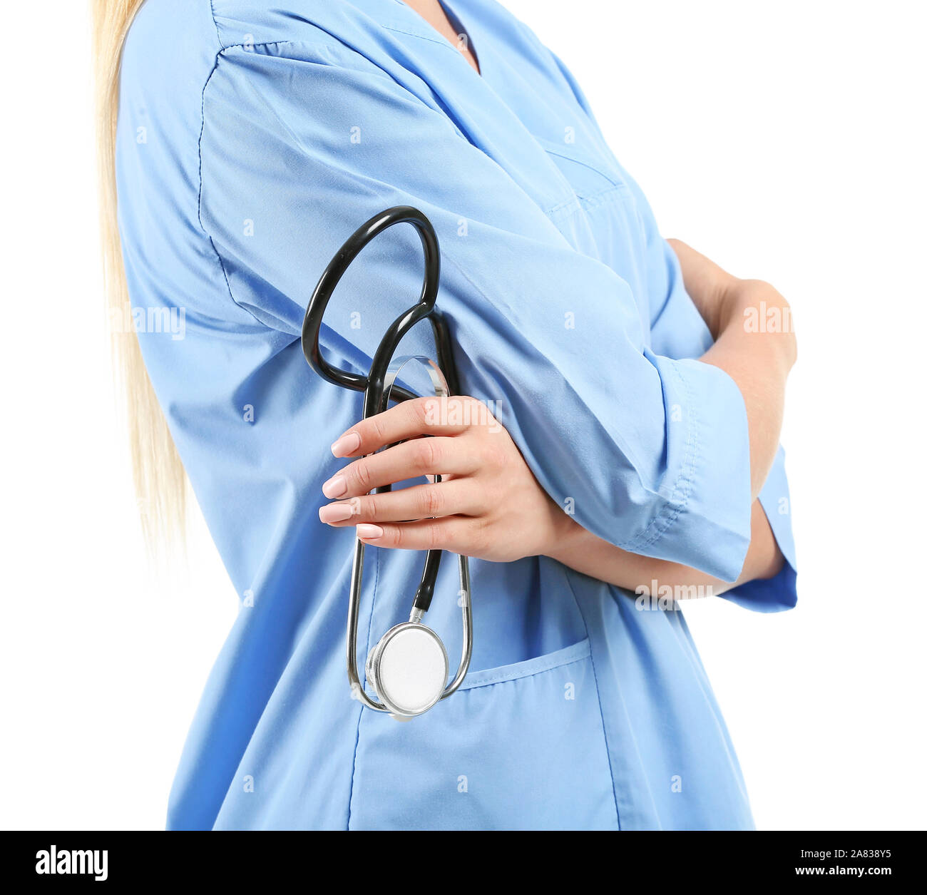 Female nurse with stethoscope on white background Stock Photo - Alamy