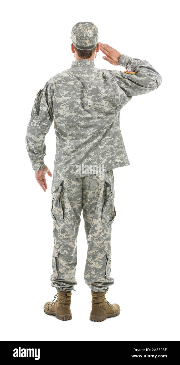 Saluting soldier on white background, back view Stock Photo - Alamy