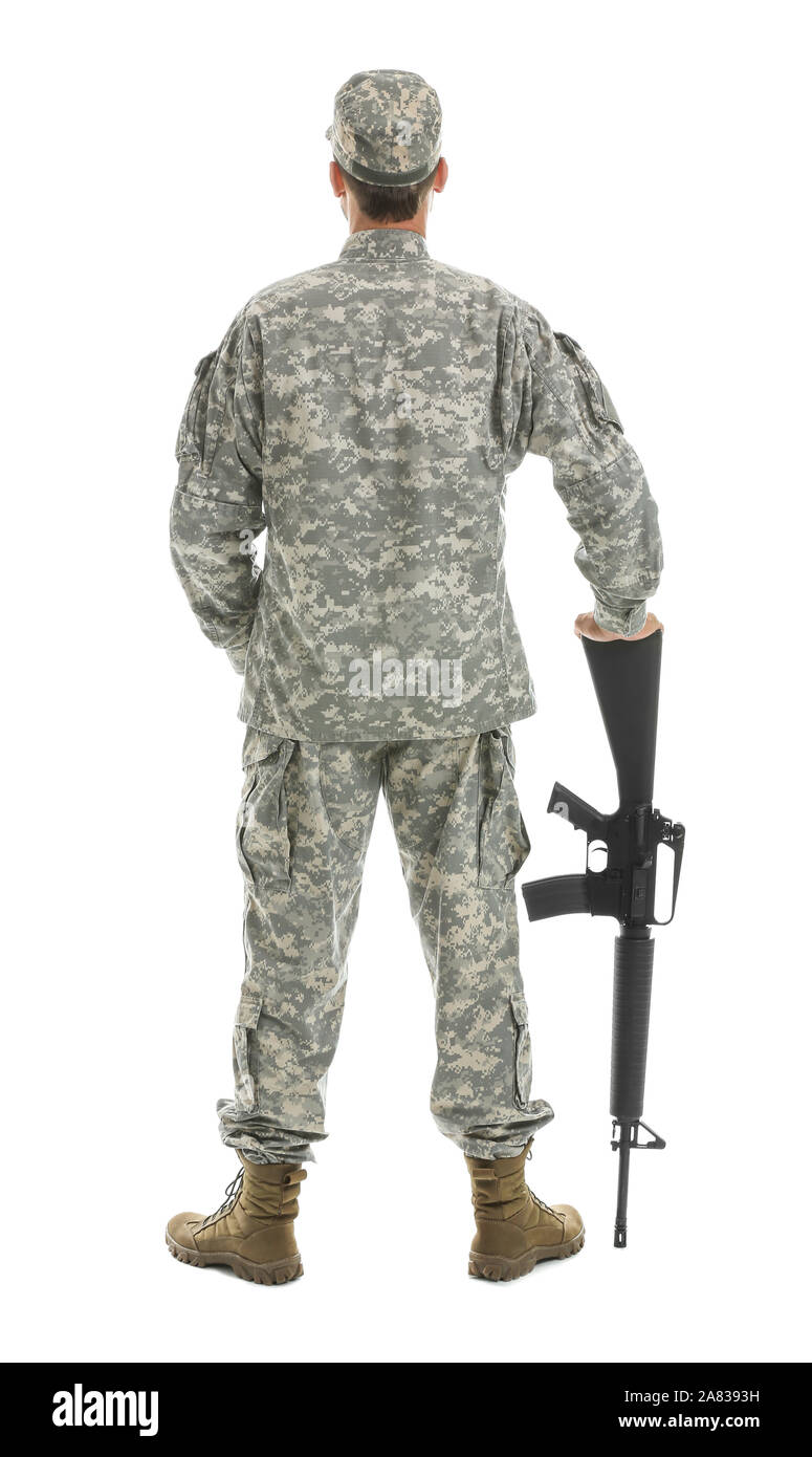 Soldier with assault rifle on white background, back view Stock Photo ...