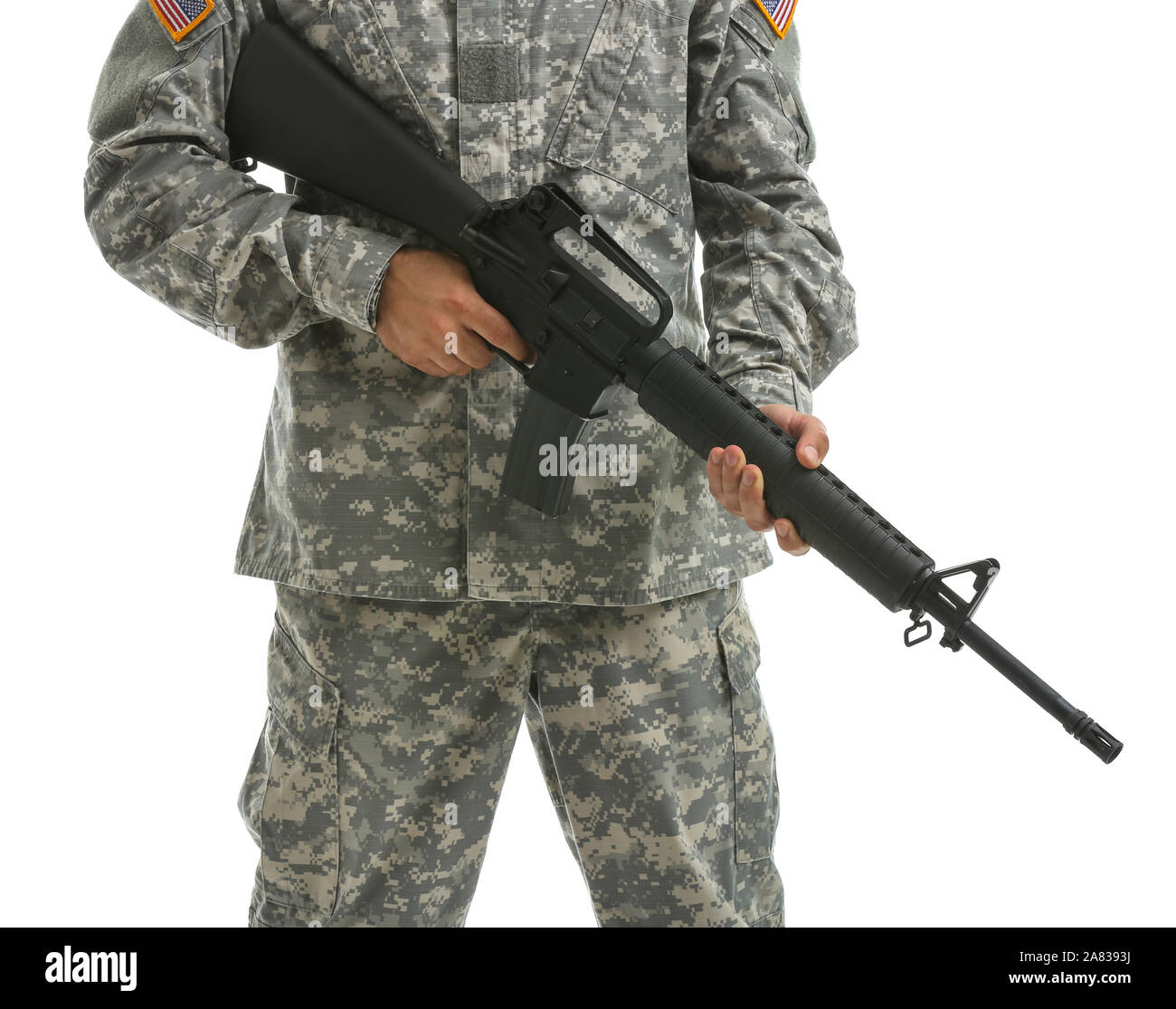 Soldier with assault rifle on white background Stock Photo - Alamy