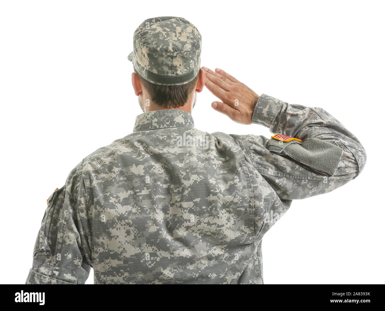 Saluting soldier on white background, back view Stock Photo - Alamy