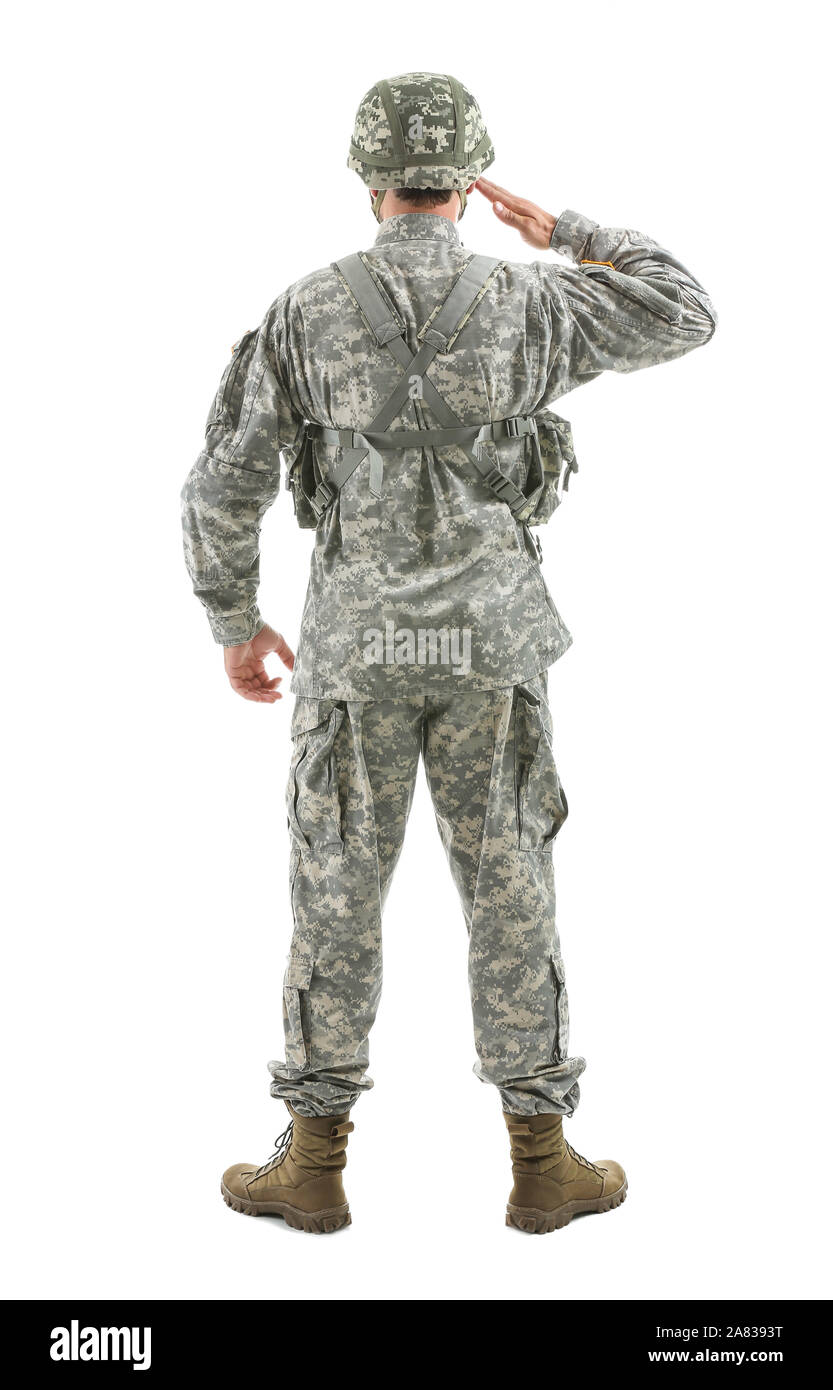 Saluting soldier on white background, back view Stock Photo - Alamy