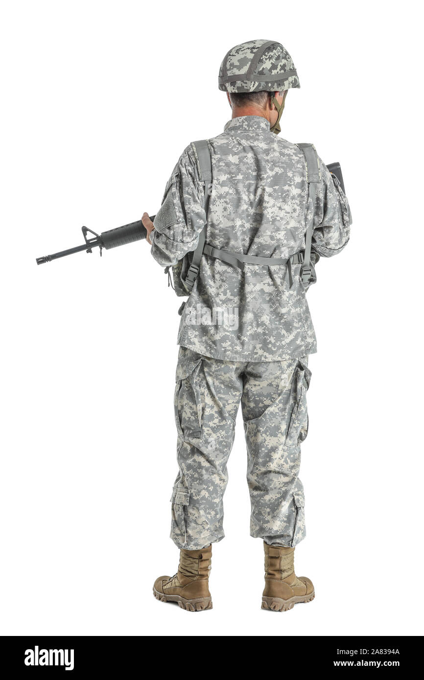 Mature male soldier on white background, back view Stock Photo - Alamy