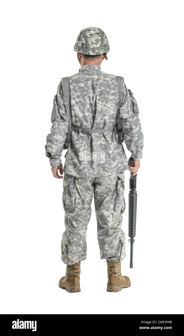 Mature male soldier on white background, back view Stock Photo - Alamy