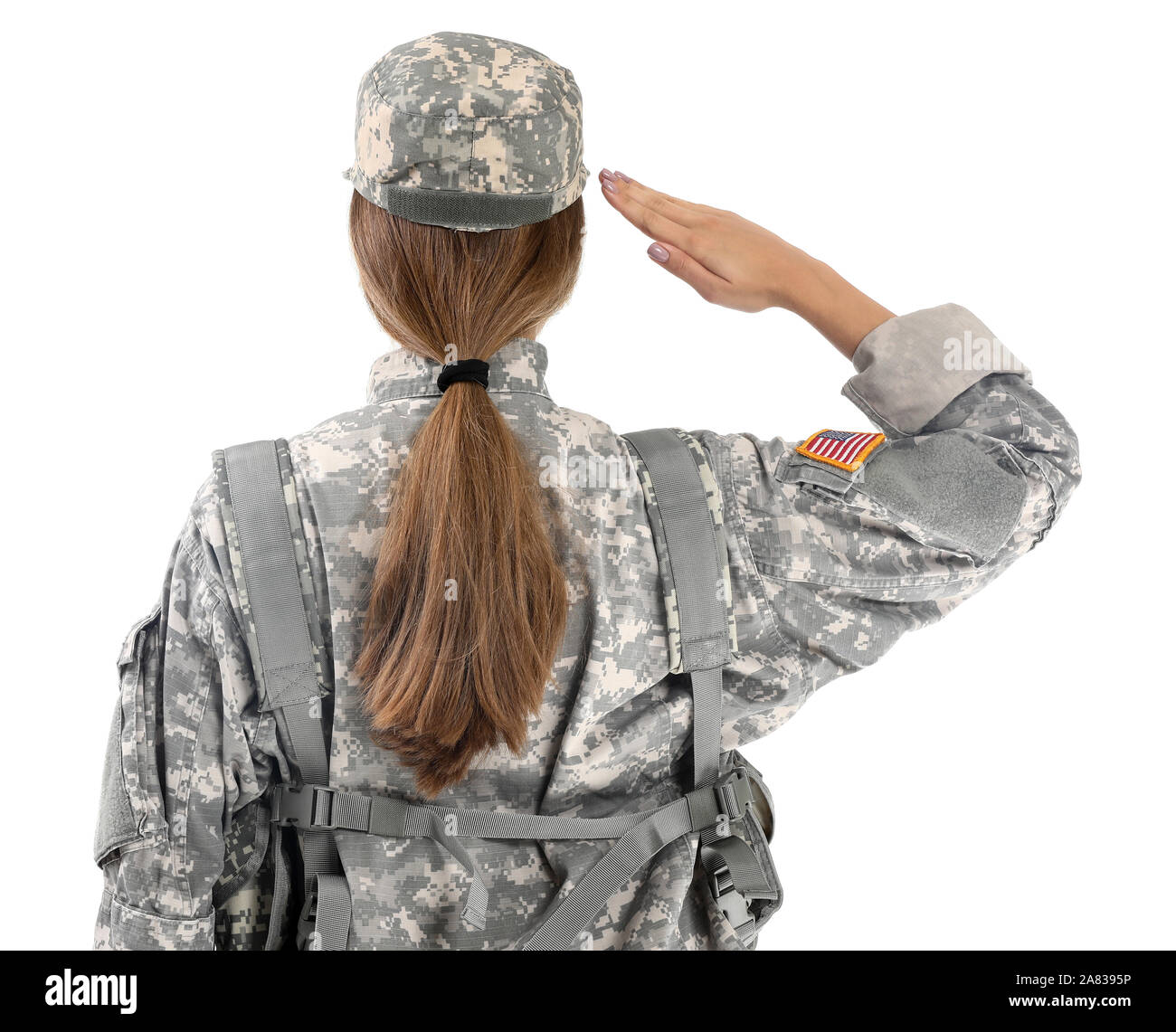 Saluting female soldier on white background, back view Stock Photo - Alamy