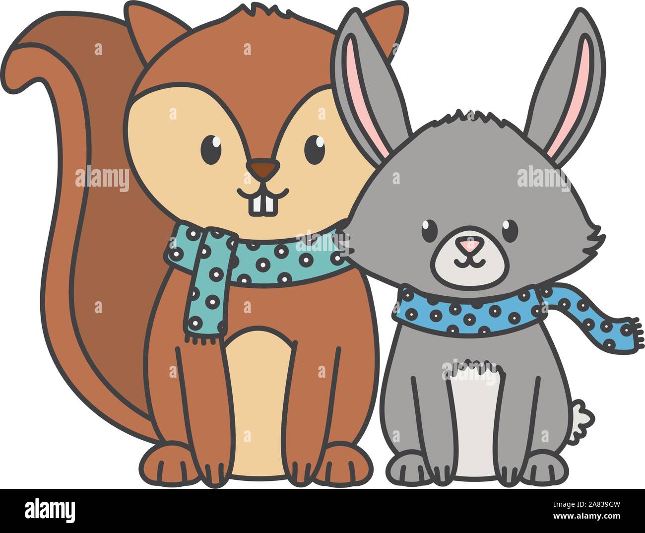 cute squirrel and rabbit with scarf on white background vector ...