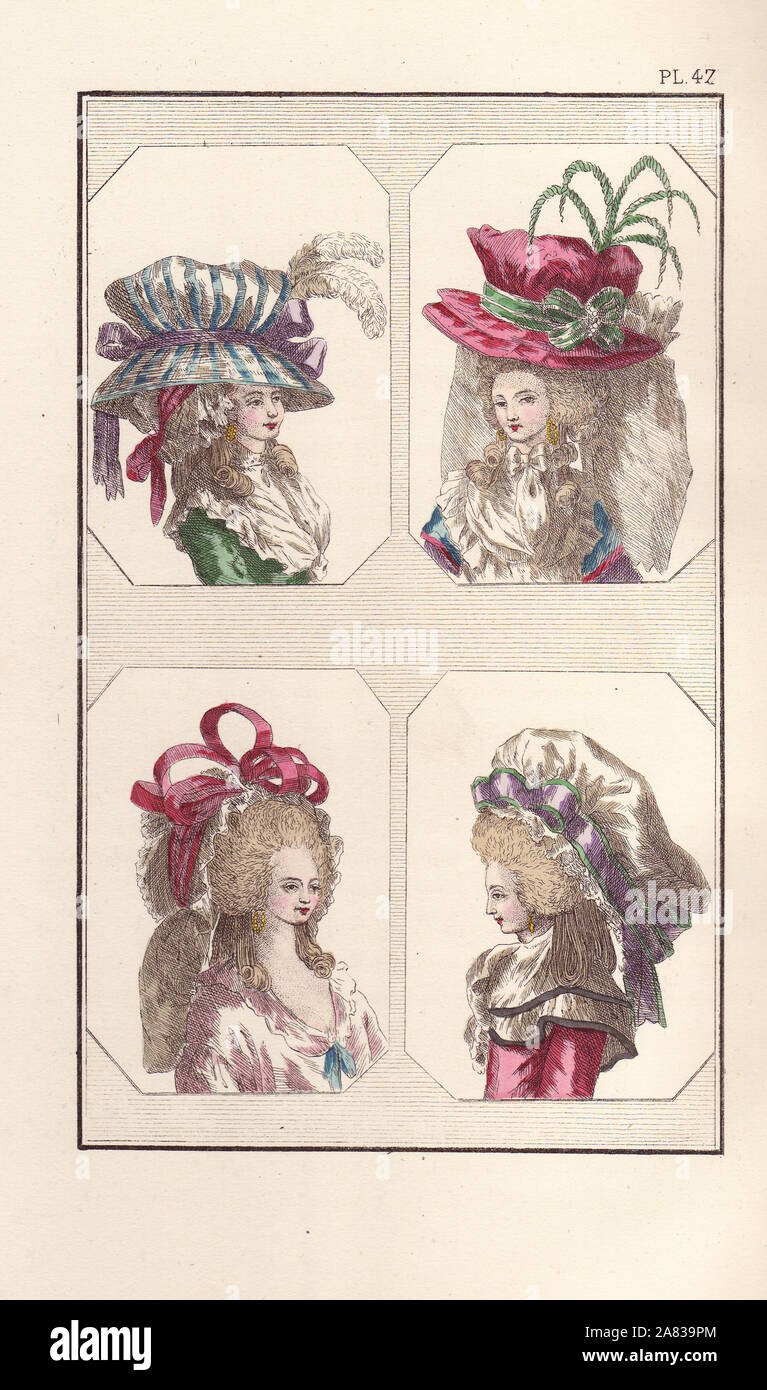 Striped satin capot hat with ribbons and plumes, bonnet a la captif in ...
