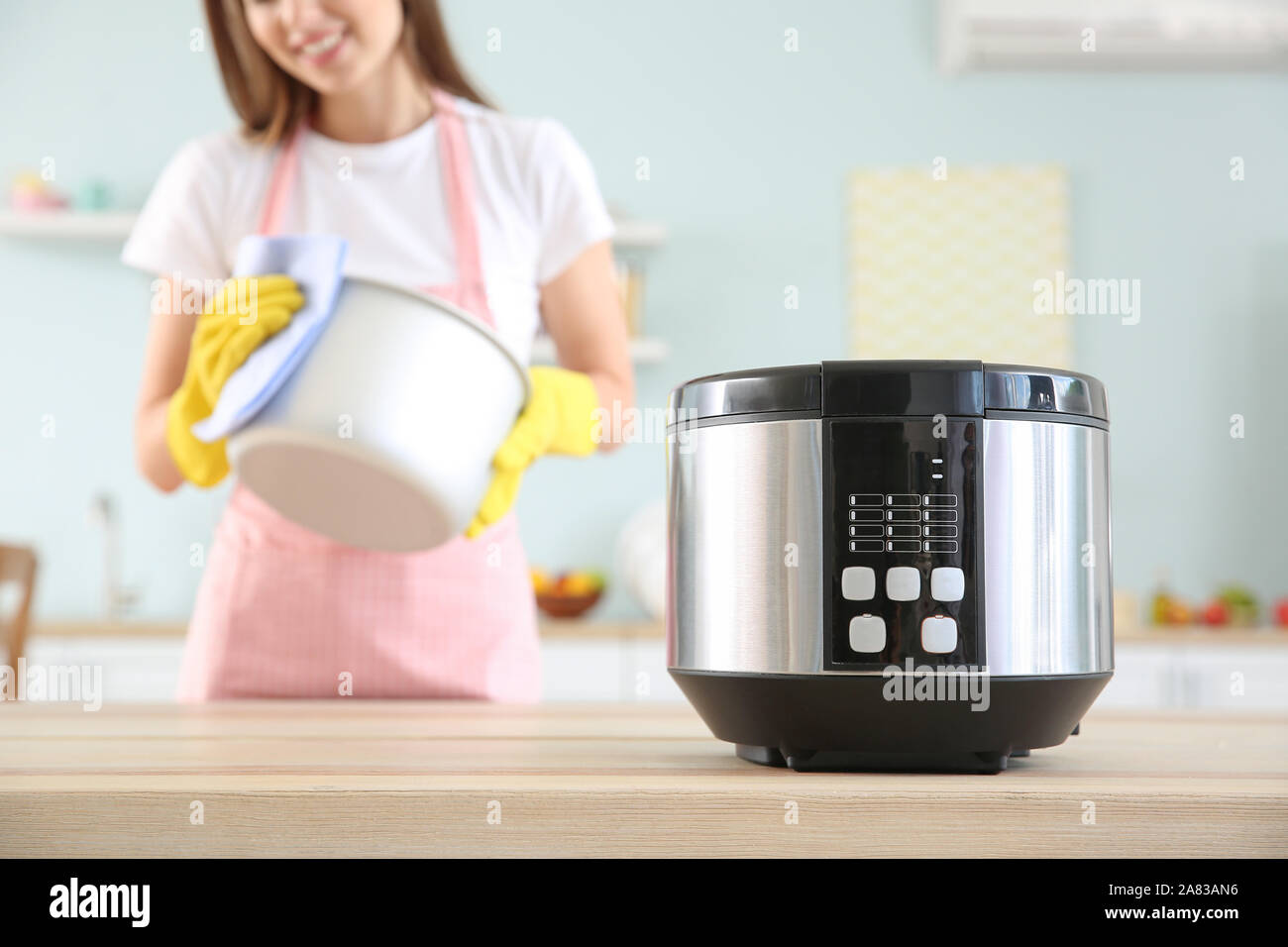 Woman cleaning modern multi cooker in kitchen Stock Photo - Alamy