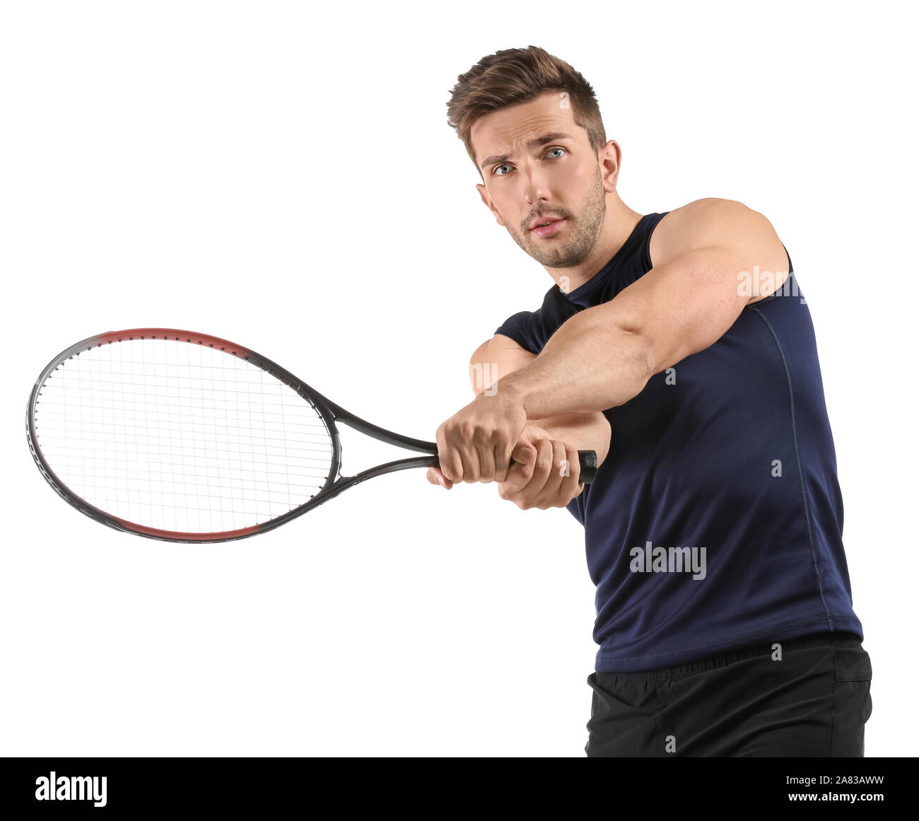 Handsome tennis player on white background Stock Photo - Alamy