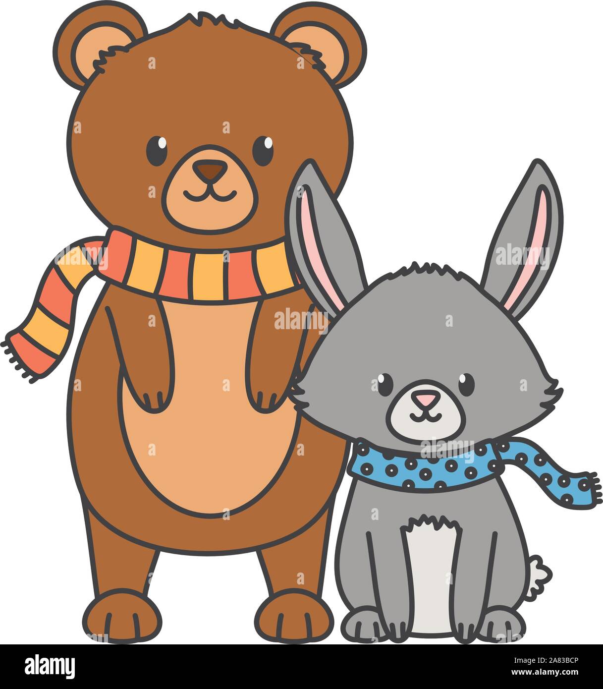 cute bear and rabbit with scarf autumn on white background vector ...